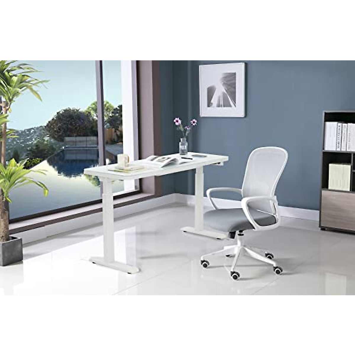 FARRAY Glass Standing Desk with Wireless Charging, 45 x 23 Inch Dual Motor Electric Height Adjustable Desk with Drawer, Touch Control Panel, Power Strip & USB Ports, White Sit Stand Desk