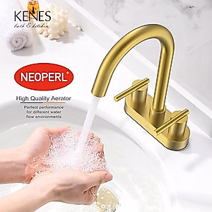 KENES Brushed Gold 4 Inch 2 Handle Centerset Bathroom Faucet, 3 Hole Gold Bathroom Sink Faucet, with Pop Up Sink Drain and Two Water Supply Lines, KE-9019-4
