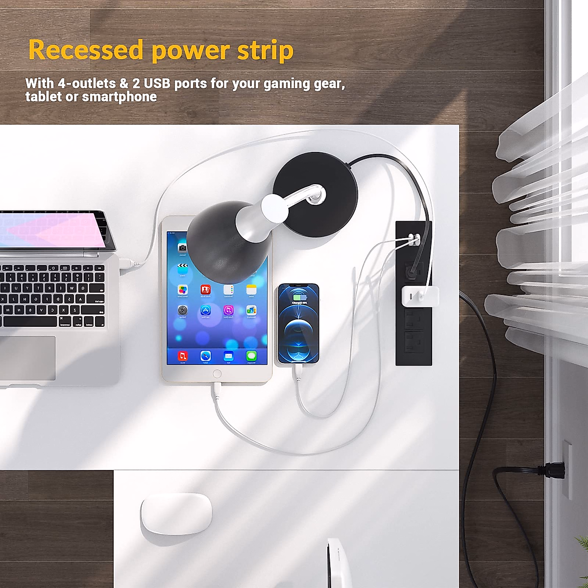 Unikito Magic Portable 4 Outlets L Shaped Desk, Reversible 55 Inch L-Shaped Computer Desk with Storage Shelf and USB Charging Port, Unique Grid Design, Large Gaming Corner Table for Home Office, White