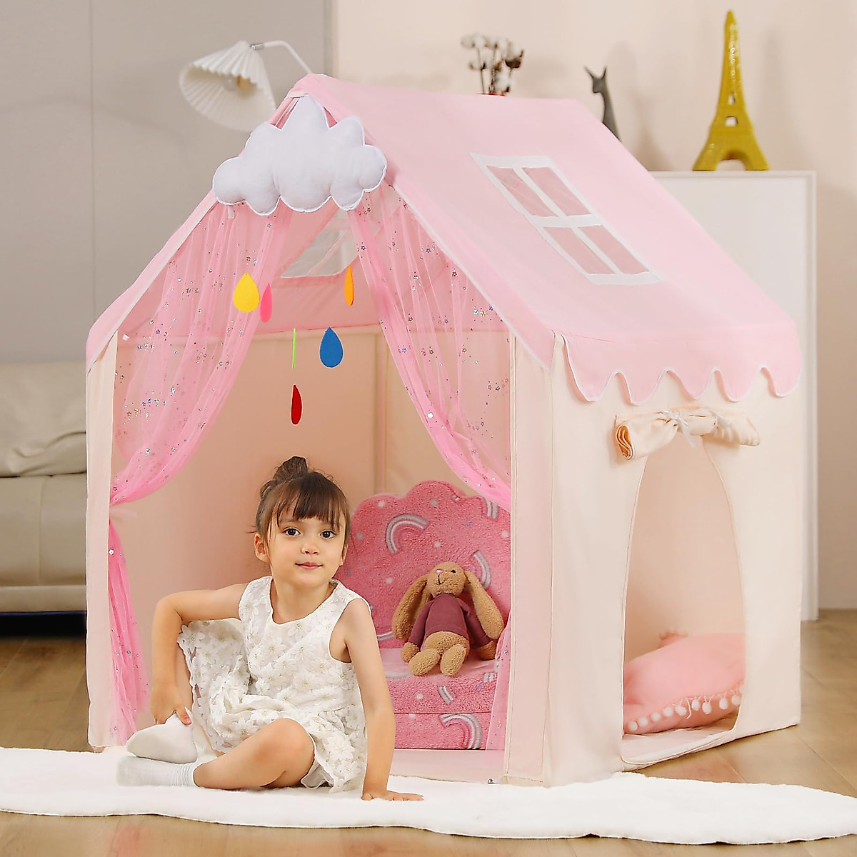 Kids Play Tent with Two Doors and Windows, Middle Sized Playhouse Tent for Baby Girls and Boys, Imaginative Kids Indoor Playhouses Play Tent (Pink)