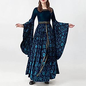 Women Long Sleeve Lace O Neck 2pices Set Cosplay Retro Dress Great Maxi Vintage For Cosplay Dress With Cloak Sprint