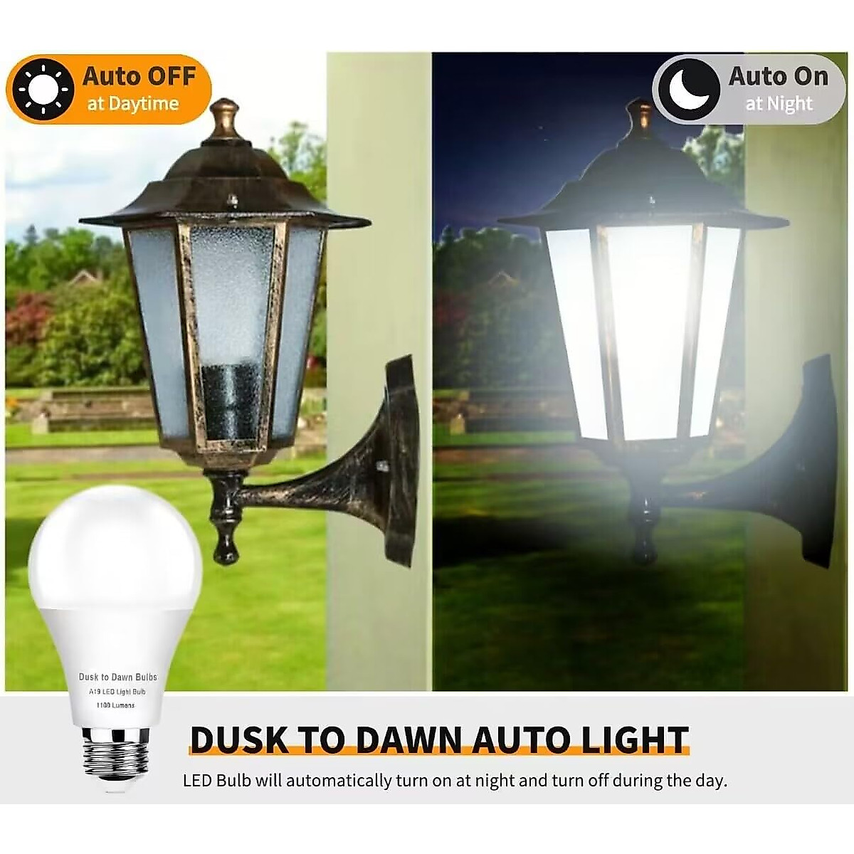 4-Pack Dusk to Dawn Light Bulbs Outdoor 75 Watt Equivalent, Automatic On/Off Sensor LED Light Bulb, 10W Daylight 5000K, 1100 Lumen, A19 E26 Bulbs Photocell for Wall lamp Porch Garage Yard Light