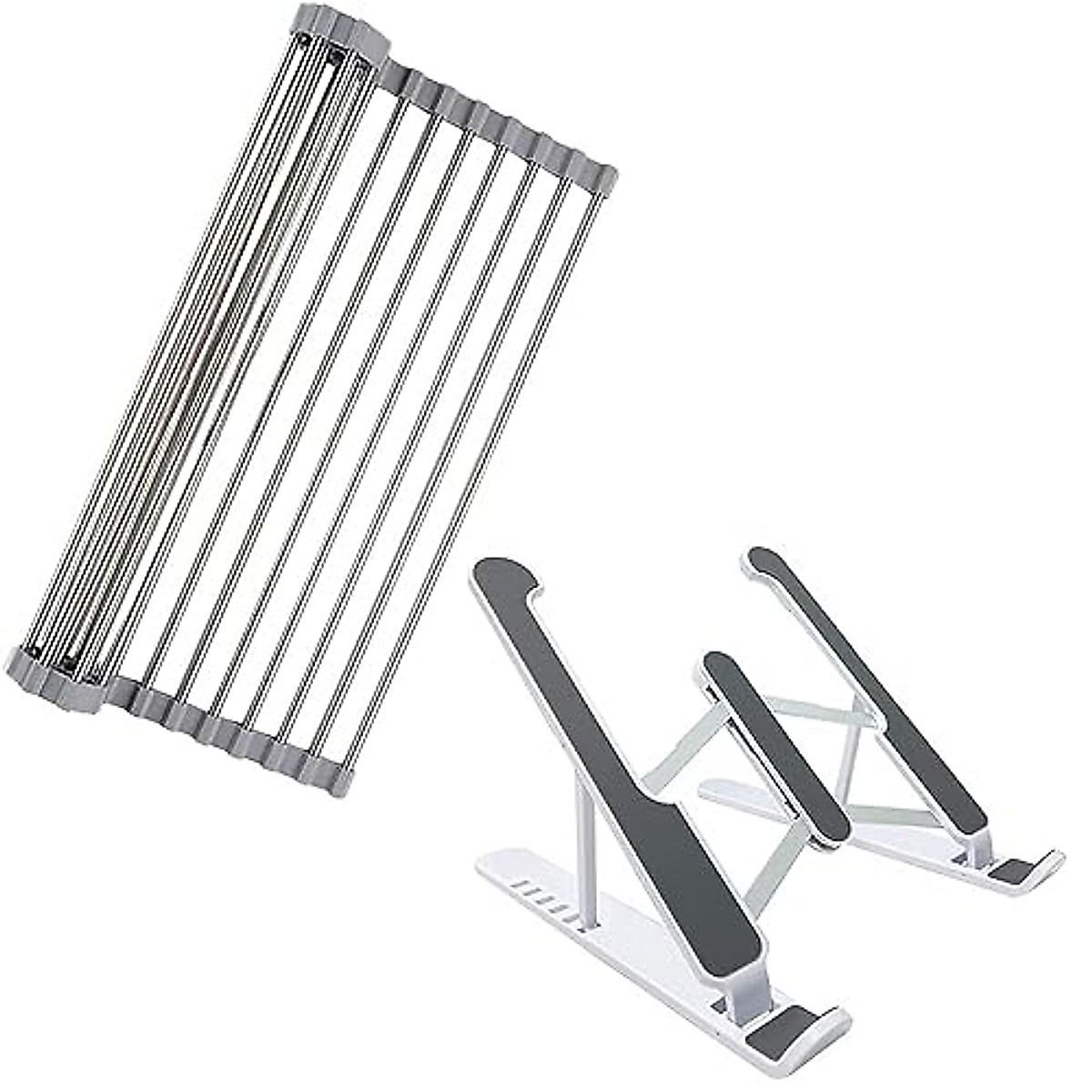 HIGEEK Roll Up Dish Drying Rack Over The Sink Dish Rack Kitchen Rolling Dish Drainer Over Sink(17.5''x13.7'')+Adjustable Laptop Stand for Desk, Portable Computer Stand Laptop Riser for Desk（White）