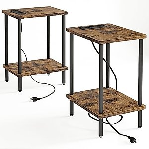 Fixwal 2-Tier Nightstand with Charging Station, End Table Set of 2, Side Table with USB Ports and Power Outlets, Side Table for Living Room, Bedroom, Rustic Brown and Black