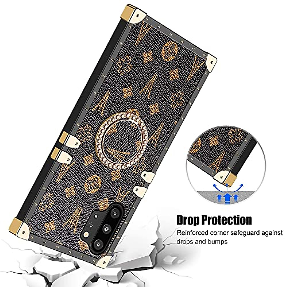 YoodQood for Samsung Galaxy Note10 Plus Square Case Non Slip Shockproof Slim TPU Full Protection Retro Elegant Luxury Leather Case with Kickstand for Samsung Note 10 Plus(Brown)
