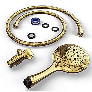 Aquarius Gold Shower Head With Handheld Sprayer, 6 Spray Settings High Pressure Polished Brass Shower Head With Hose (Extra Long) & Adjustable Brass Ball Bracket Kit, Shower Head Gold Finish
