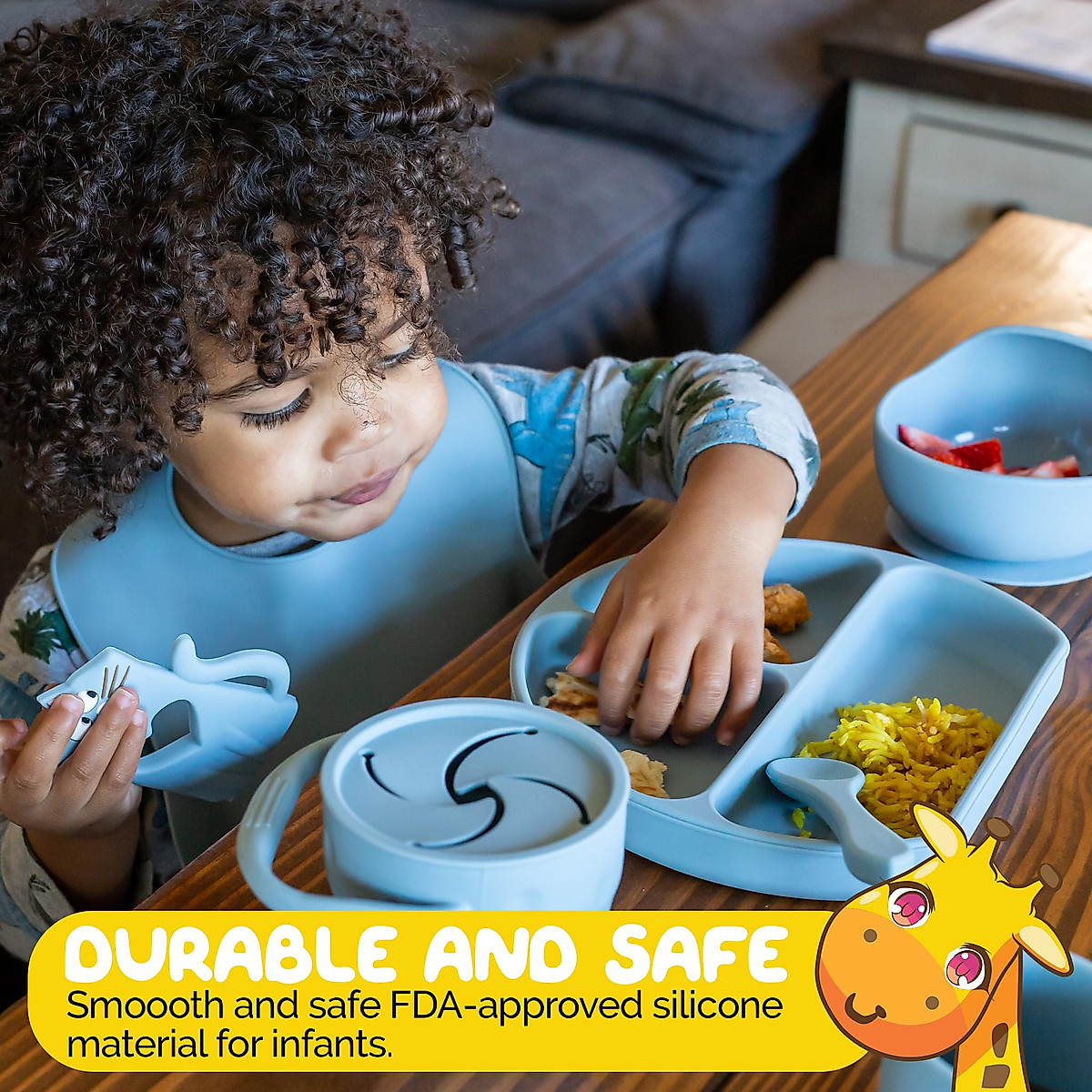 Muqee Peeko Carolina Blue Silicone Baby and Toddler Self-Eating Food Plates Set with Utensils (8 Piece Set)