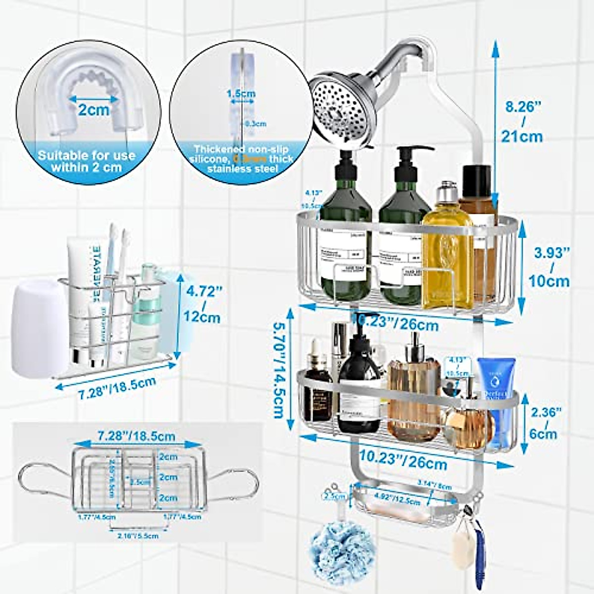 homyfort Shower Caddy Rack Over Shower Head Suction Cup and Toothbrush,cup Holder for Razor and Sponge-Shampoo Soap Organizer,Rustproof Stainless Steel, Silver(2 PACK)