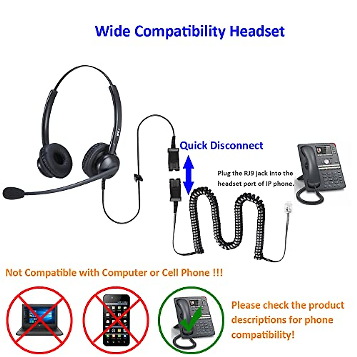 Wired Headphones with Microphone Noise Cancelling, Corded RJ9 Telephone Headset for Office Phones Call Center Landline Headset for Yealink SIP-T21 SIP-T46G Panasonic Sangoma Snom Grandstream 2170
