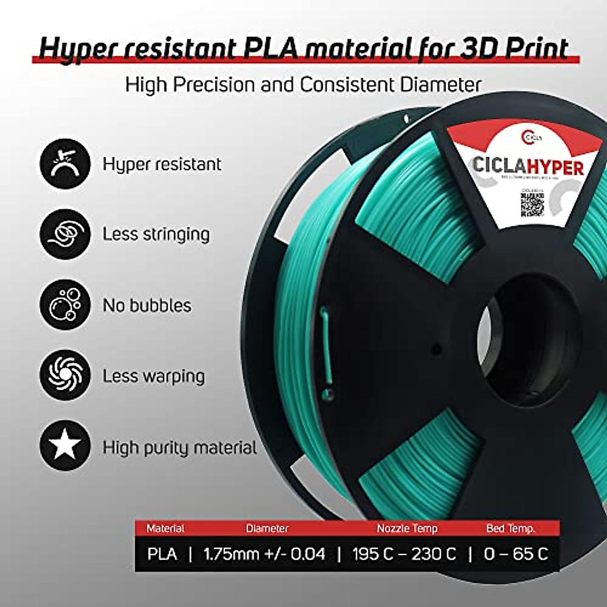 CICLA Hyper 3D Printer PLA / Diameter 1.75 mm,  2.2 lbs, Dimensional Accuracy +/- 0.04 mm., Turquoise
