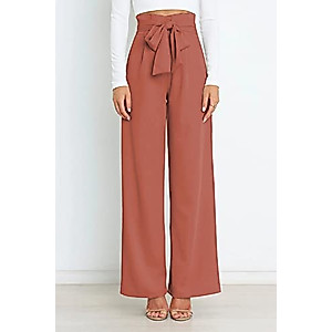 Viatabuna Wide Leg Pants for Women High Waisted Business Casual Pants Work Suit Pants Loose with Pockets and Belt Brick Red