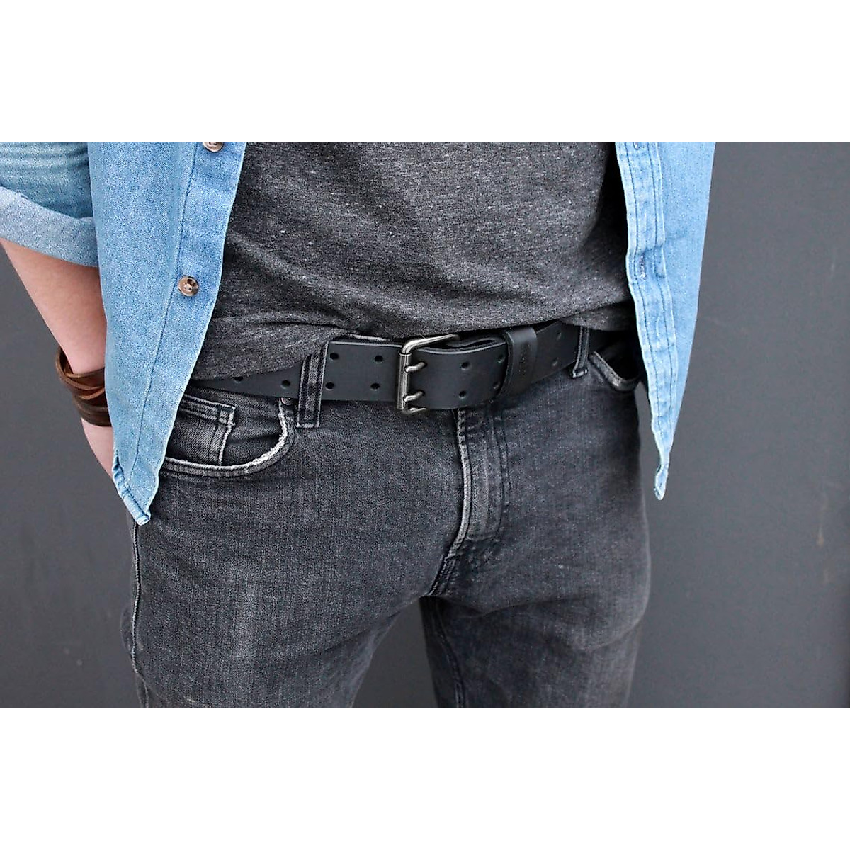 CHAOREN Black Leather Belt - 38mm Double Prong, Handmade and Durable