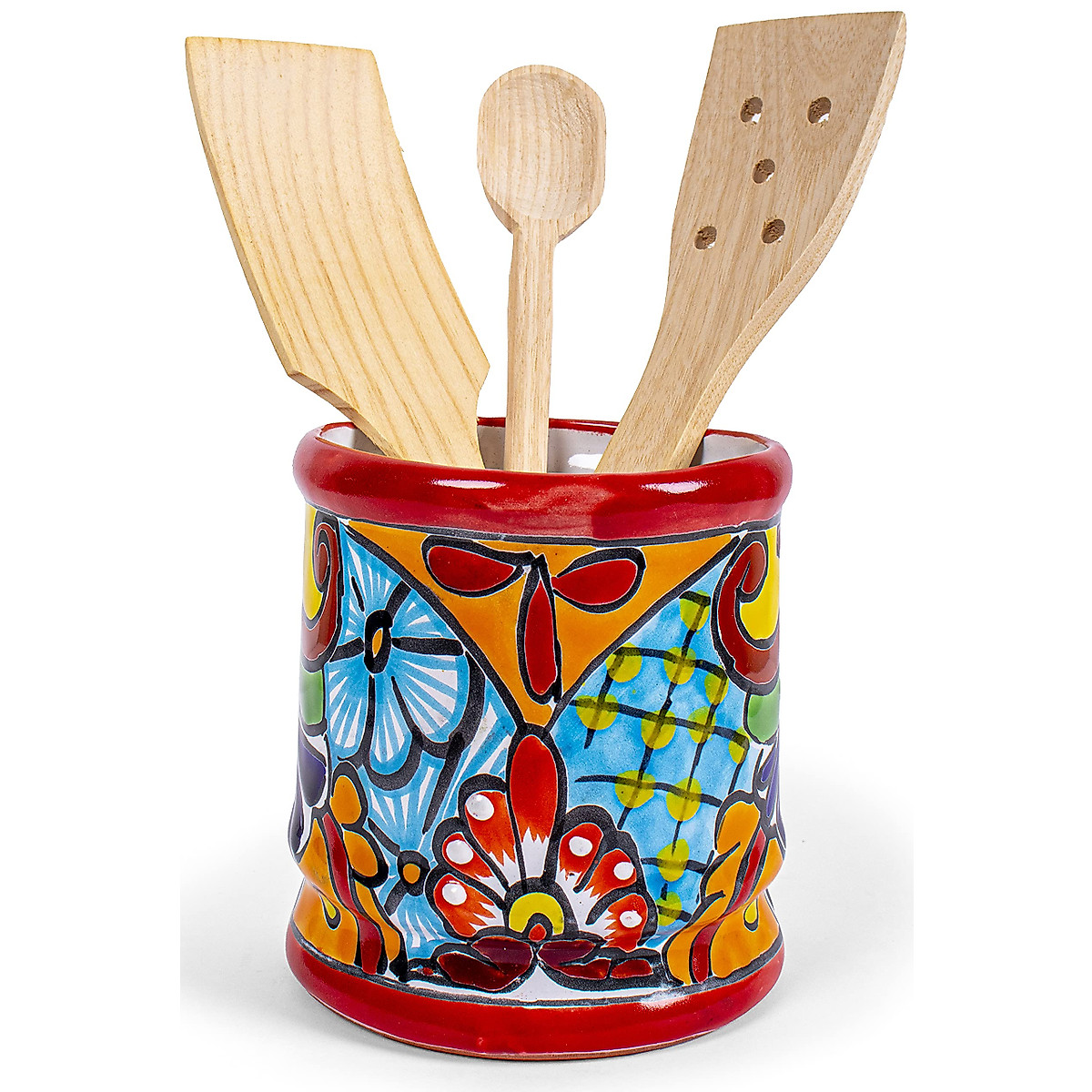 Genuine Mexican Kitchen Talavera Utensil Holder Hand Painted Pottery Ceramic for Kitchen Utensil Crock Spoon Rest Handmade in Mexico by Artisans (Red)