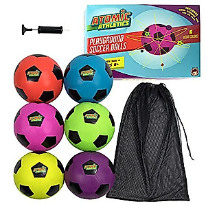 K-Roo Sports Atomic Athletics Neon Rubber Playground Balls - 6 Pack of Youth Size, includes Pump & Storage Bag - Soccer Ball