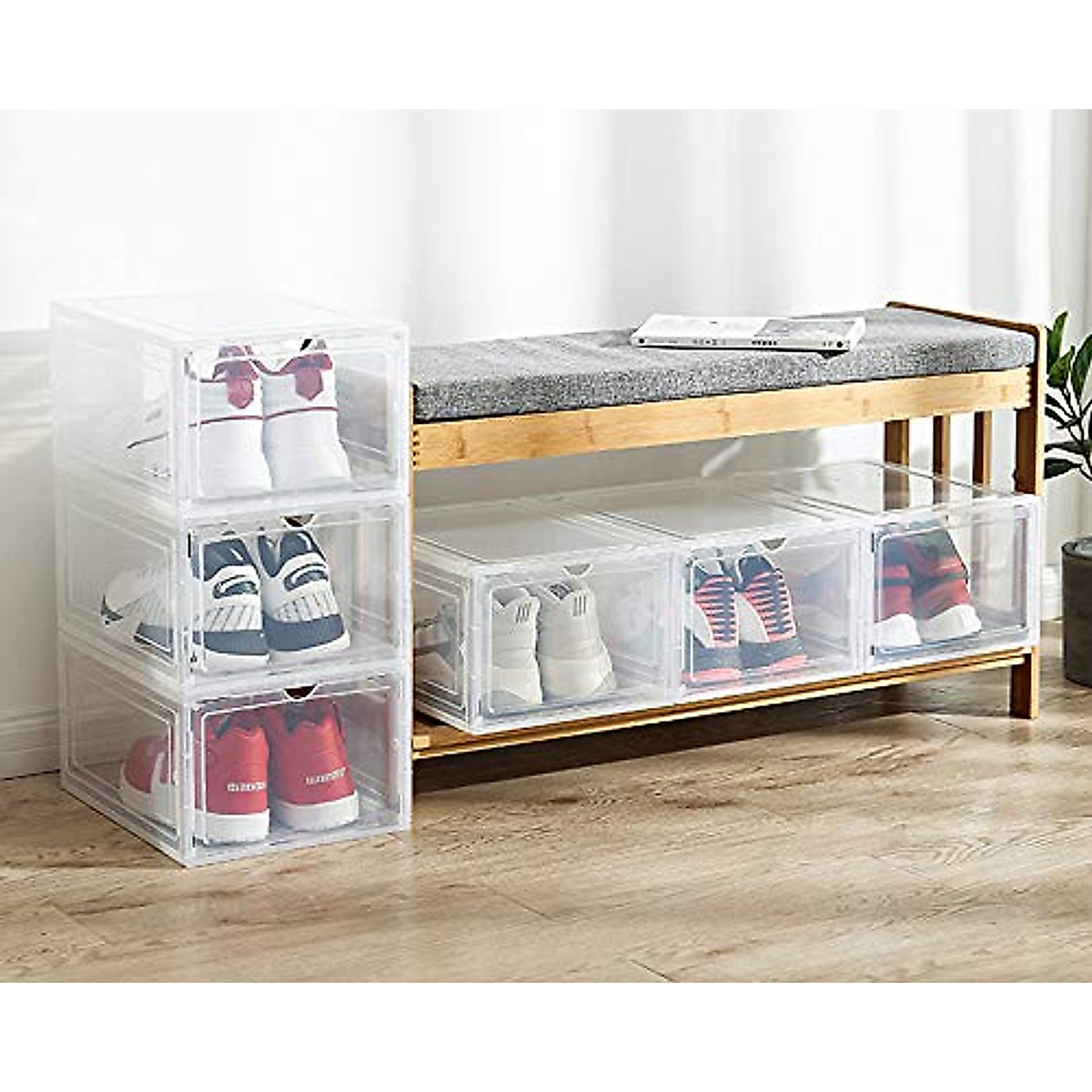 Storage Shoes Box Stackable Clear Plastic Organizer for Sneakers Collection Plastic Storage Container Set of 4 (Transparent)