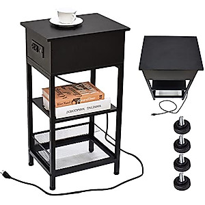 SZLHANJZ Slim End Table, Narrow Nightstand with Charging Station, Slide Open Sofa Bed Side Table with Drawers Storage Shelf, 3-Tier Wood & Metal Modern Nightstand for Home Office Dorm, Black