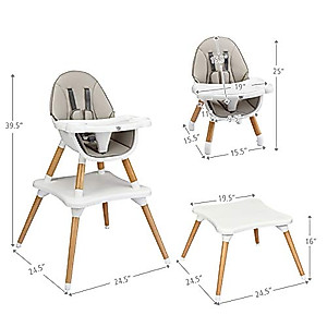 BABY JOY 5 in 1 High Chair, Convertible High Chairs for Babies and Toddlers/Booster Seat/Table and Chair Set, Infant Wooden Highchair w/ 5-Point Harness, 4-Position Removable Tray & PU Cushion, Gray