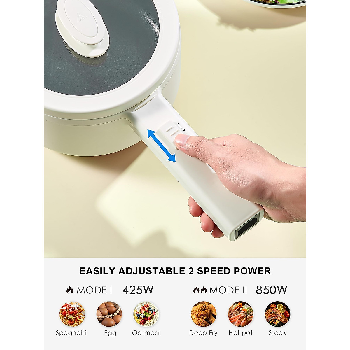 Yabano Electric Pot, 850W Non-Stick Electric Hot Pot with Steamer,1.6L Noodles Cooker with Dual Power Control, Portable Pot For Dorm, Office, Travel with Silicone Spatula Included, BPA Free, White