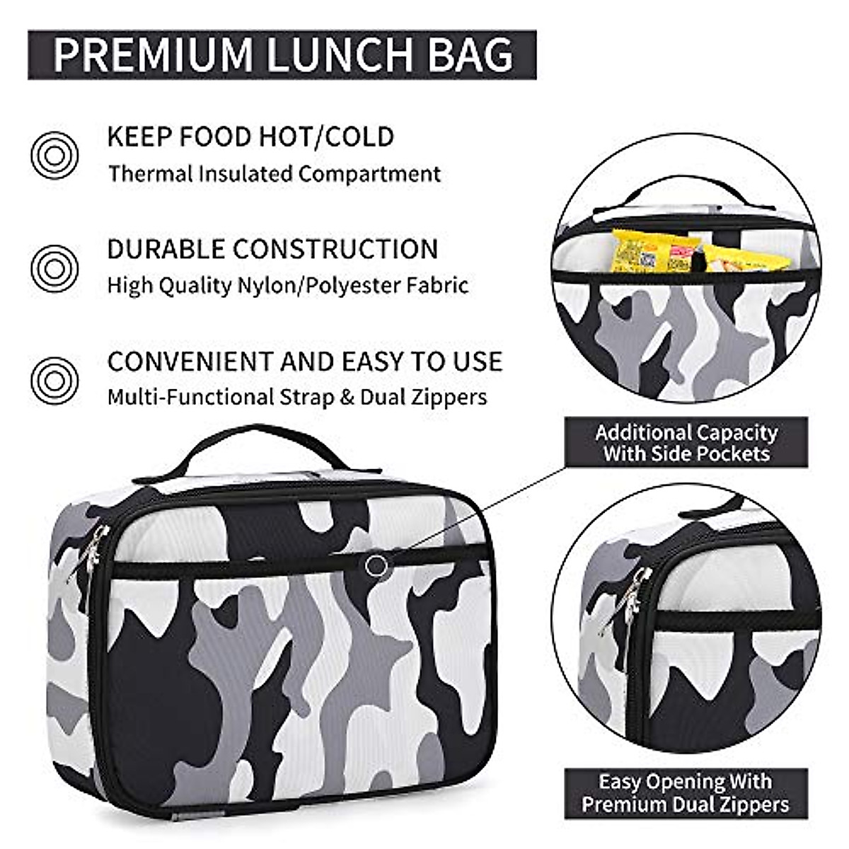 Rickyh Style Lunch Box with Padded Liner, Spacious Insulated Lunch Bag for Men and Women, Durable Thermal Lunch Cooler with Strap, 2 Pockets, 10 x 8 x 3.7 in