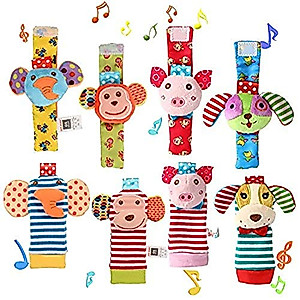 ThinkMax Wrist Foot Rattles for Baby, 8 Pcs Soft Animal Wrist Rattles and Foot Finder Socks - Elephant, Monkey, Piggy and Puppy
