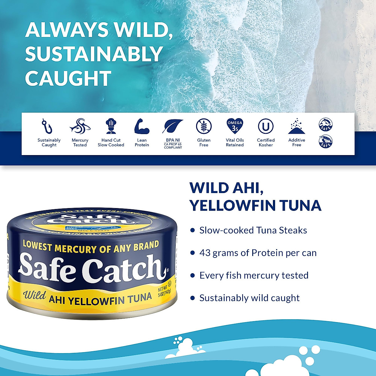 Safe Catch Wild Ahi Yellowfin Tuna Fish Canned, Wild Caught, Lowest Mercury, Lean Protein, Omega 3, Gluten-Free, Kosher, Pack of 6