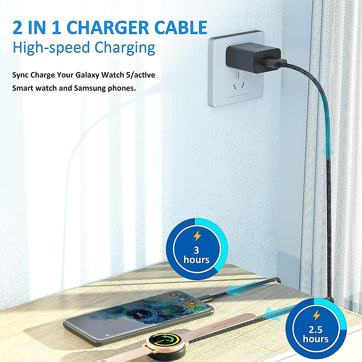 Galaxy Watch 6 Charger Compatible with Samsung Galaxy Watch 6/6 Classic/5/4/3/Active, USB C Charging Cable for Galaxy S23/S22/S21/S20/S10/Note 20/10/9/Buds, 2 in 1 4FT Wireless Charger Dock Cord