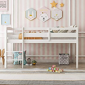 Merax LUMISOL Junior's Low Loft Bed for Kids, Twin Loft Bed with Guard Raill and Built-in Ladder, Bed Bedroom Furniture (White)