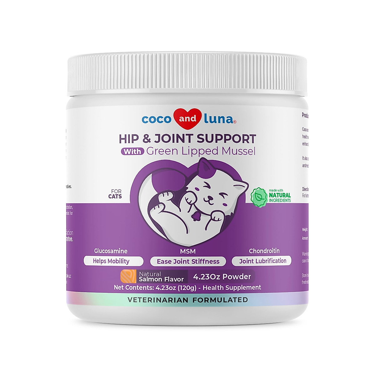 Glucosamine for Cats - 4.23oz/120g Powder - Hip and Joint Supplement for Cats with Green Lipped Mussel, MSM, Chondroitin, and Vitamin E (for Cats)