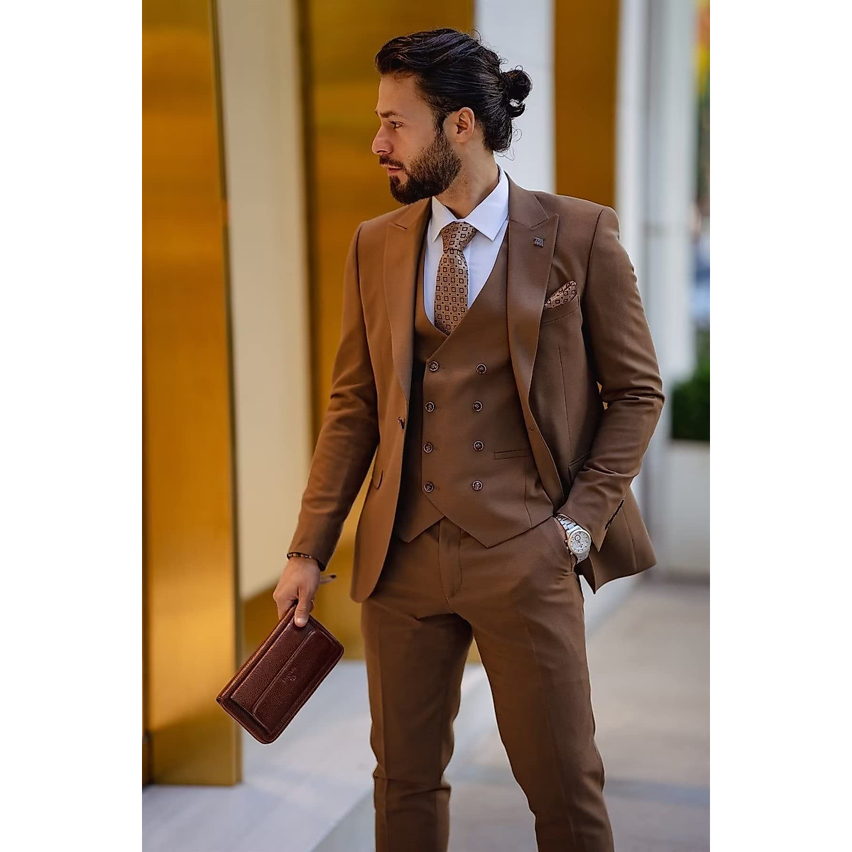 Wangyue 3 Piece Men's Suits Mens Suits Regular Fit Suit Mens 3 Piece Slim Suit Double Breasted Suit Men Orange Suits for Men,L