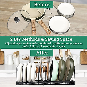 Expandable Pot and Pan Organizers for Cabinet Pot Lid Organizer Pot Rack with 10 Adjustable Dividers Pots Lid Holder Kitchen Pantry Bakeware Organizer and Storage (White)