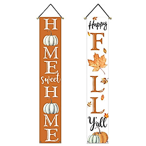 CROWNED BEAUTY Fall Porch Banner Sign Sweet Home Happy Fall Yall 12x70 Inch Indoor Outdoor Seasonal Hanging Front Door Farmhouse Wall Decoration CS078-12, Orange