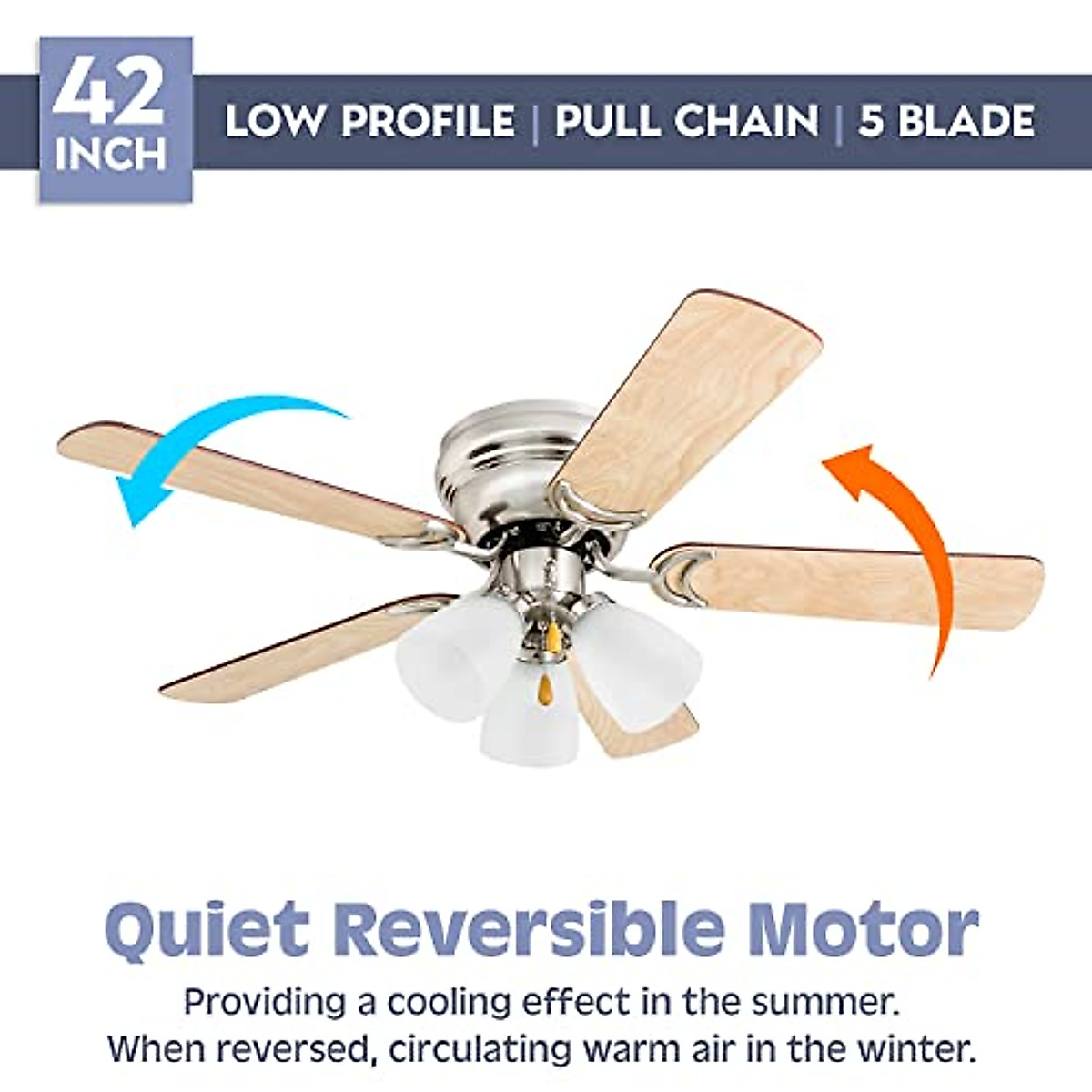 Prominence Home Whitley, 42 Inch Traditional Flush Mount Indoor LED Ceiling Fan with Light, Pull Chain, 5 Dual Finish Blades, Reversible Motor - 50863-01 (Satin Nickel), Bright Brass