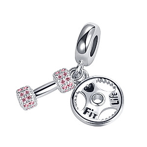 QeenseKc Dumbbell Barllbell Gym Workout Pendant Charm Sports Barbell CZ Bead for Pandora Bracelet Pink Aut-176_Dumbbell_10 0
