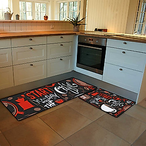 Generic Kitchen Mat Rug Anti-Fatigue Set of 2 Cushioned Non-Slip Waterproof Floor Mats Comfort Red Cups Natural Blend Coffee Beans Runner Rugs for Home, Office, Laundry Room, 17.7x29in &17.7x58in