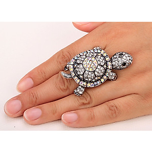 YACQ Women's Wiggling Turtle Stretch Rings Fit Finger Size 7 to 9 - Elastic Soft Band Perfect for Arthritis - Lead & Nickle Free - Silk Scarf Holders - (2 H x 1-1/5 W) Inches (Silver)