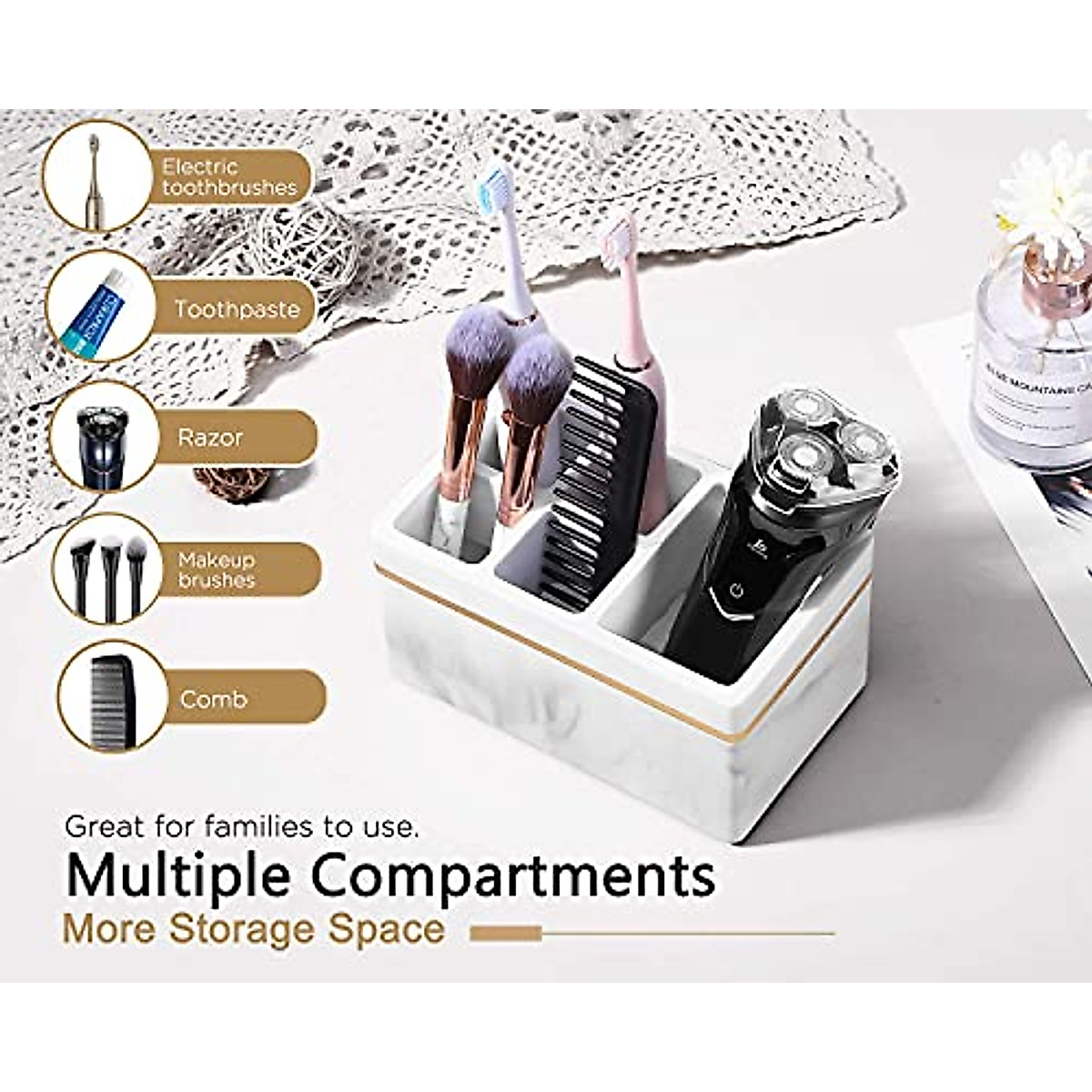 Luxspire Bathroom Vanity Tray+Toothbrush Holders, Bathroom Vanity Countertop Organizer Accessories Set-Marble Design