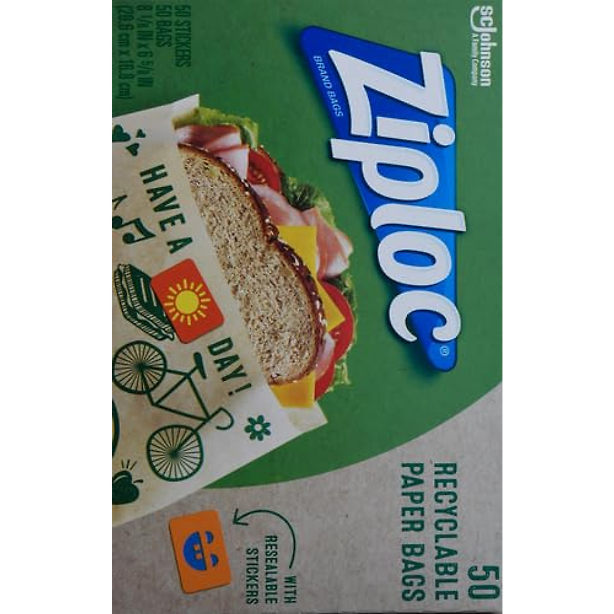 Ziploc Paper Sandwich and Snack Bags, Recyclable & Sealable with Fun Designs, 50 Bags Total