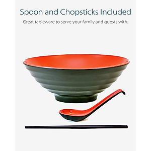 APEX S.K. 4 Sets 51 Ounce Large Japanese Ramen Noodle Soup Bowl Melamine Hard Plastic Dishware Ramen Bowl Set with Matching Spoon and Chopsticks for Udon Soba Pho Asian Noodles