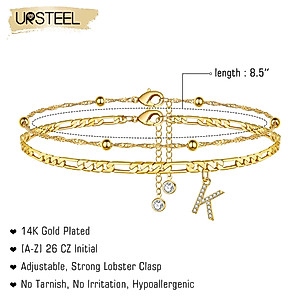 Ursteel Initial Ankle Bracelets for Women, 14K Gold Plated Ankle Bracelet with Initial K Dainty Adjustable Beaded Chain Chain Gold Anklets for Women Jewelry Gifts for Women