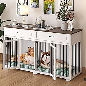 PIAOMTIEE Dog Crate Furniture, 72.4 Inch Wooden Dog Kennel, Modern Decorative Dog Crate End Table, Dog House with Double Doors, Drawers, Divider, Indoor Dog Cage for Large Medium Dogs, White
