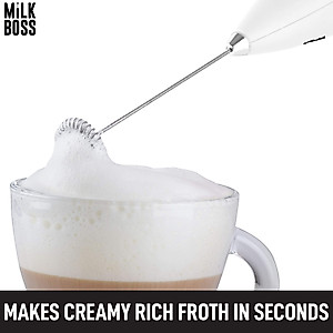 Milk Boss Mighty Milk Frother Handheld Whisk Mixer - Coffee Frother Electric Handheld Foam Maker & Frother For Coffee - Portable Electric Whisk With 16-Piece Stencils For Lattes, Matcha (Black)