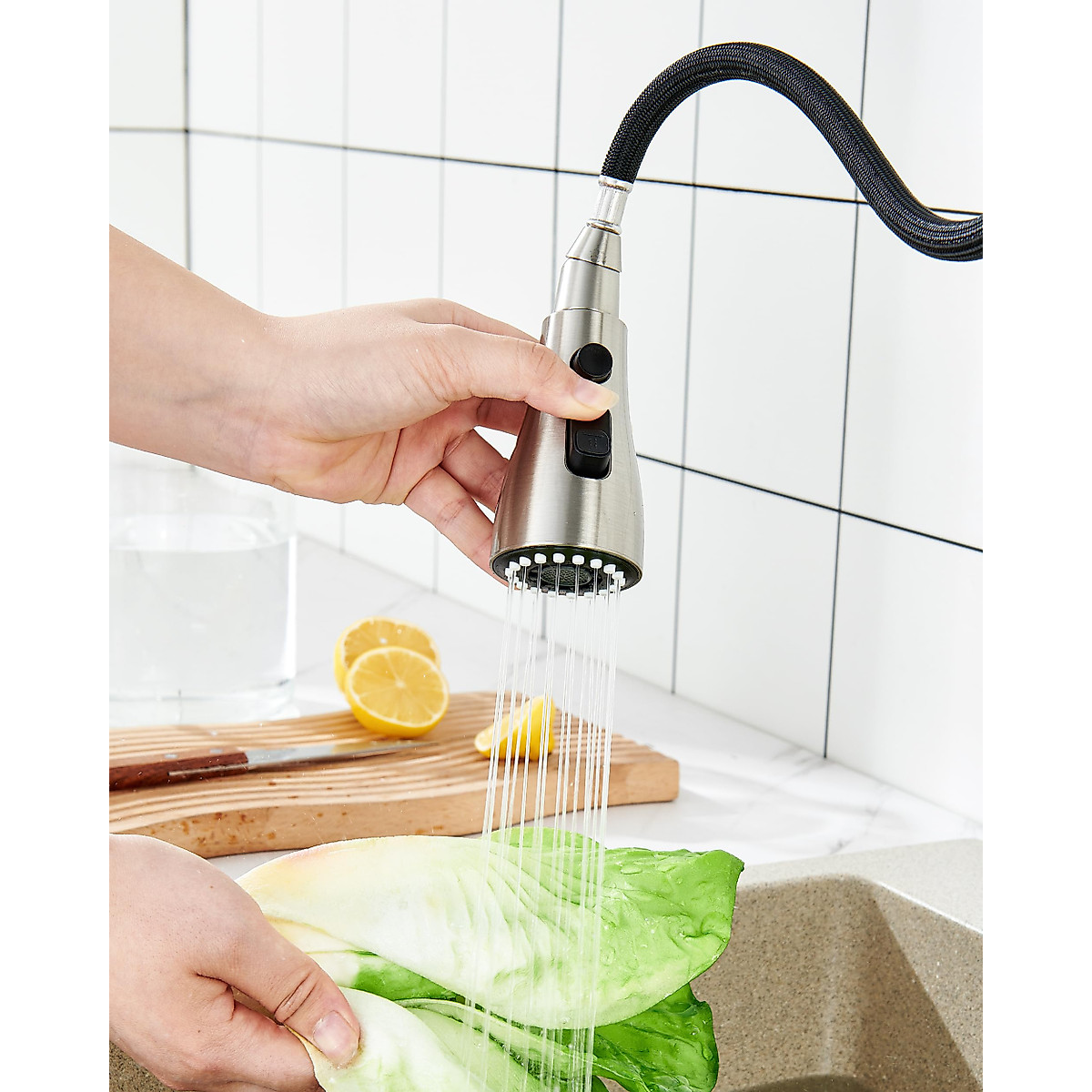 Kitchen Faucet Head Replacement with 15 Adapters - 3 Functions Pull Down Spray Head for Kitchen Faucet, Pull Out Faucet Sprayer Head Nozzle, Kitchen Sink Faucet Sprayer Head Parts, Brushed Nickel