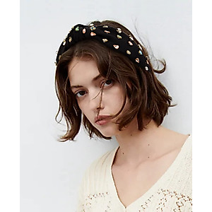 Wecoe 1pc Black Rhinestone Headband Top Knotted Headband For Women Girls Wide Headbands Non Slip Fashion Cloth Sparkly Jeweled Beaded Embellished Headband Homecoming Hair Accessories For Women Girls