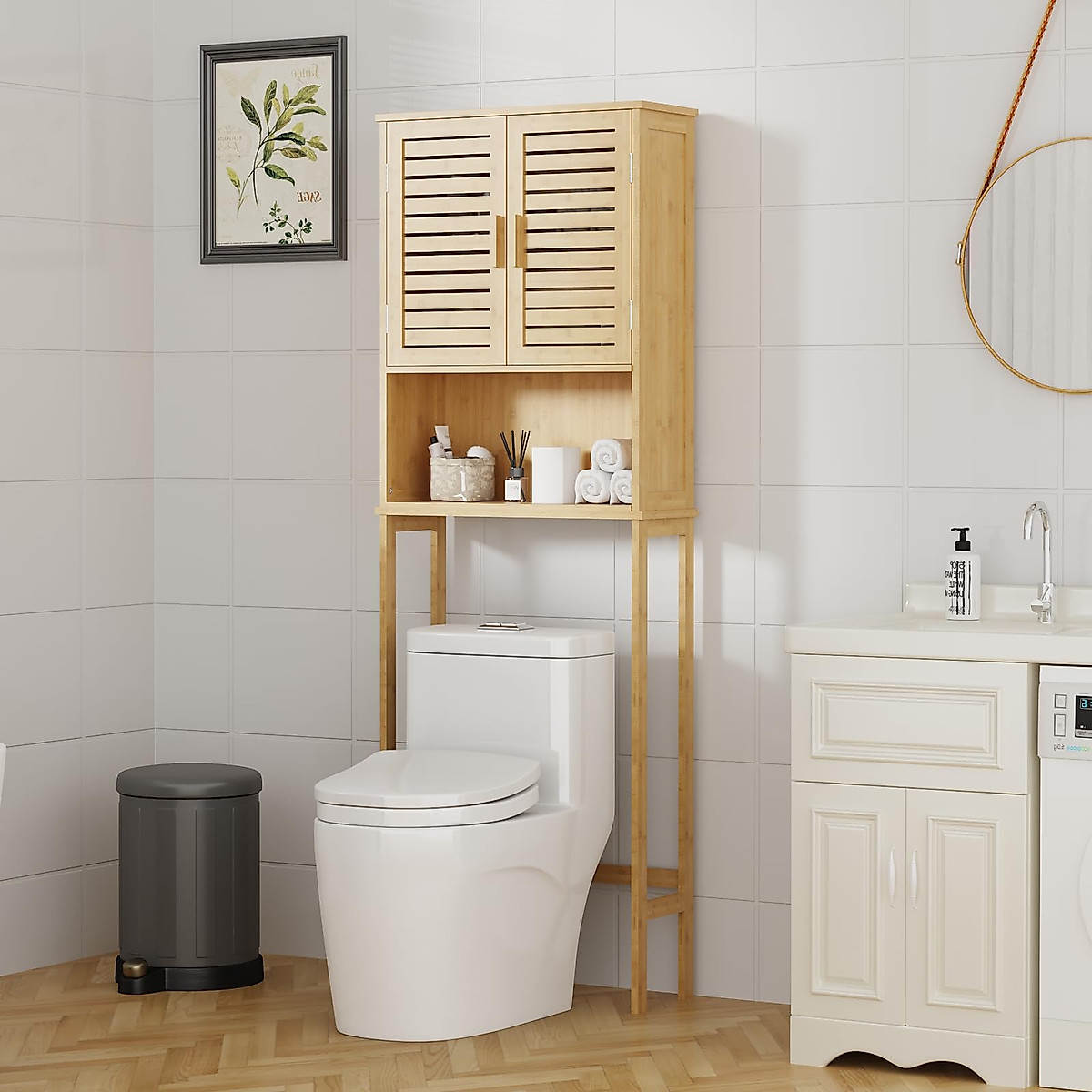 JoanKaren Over The Toilet Storage Cabinet,Bamboo Bathroom Cabinet with Adjustable Shelf and Doors,Freestanding Above Toilet Shelf for Bathroom,Space-Saving Toilet Rack
