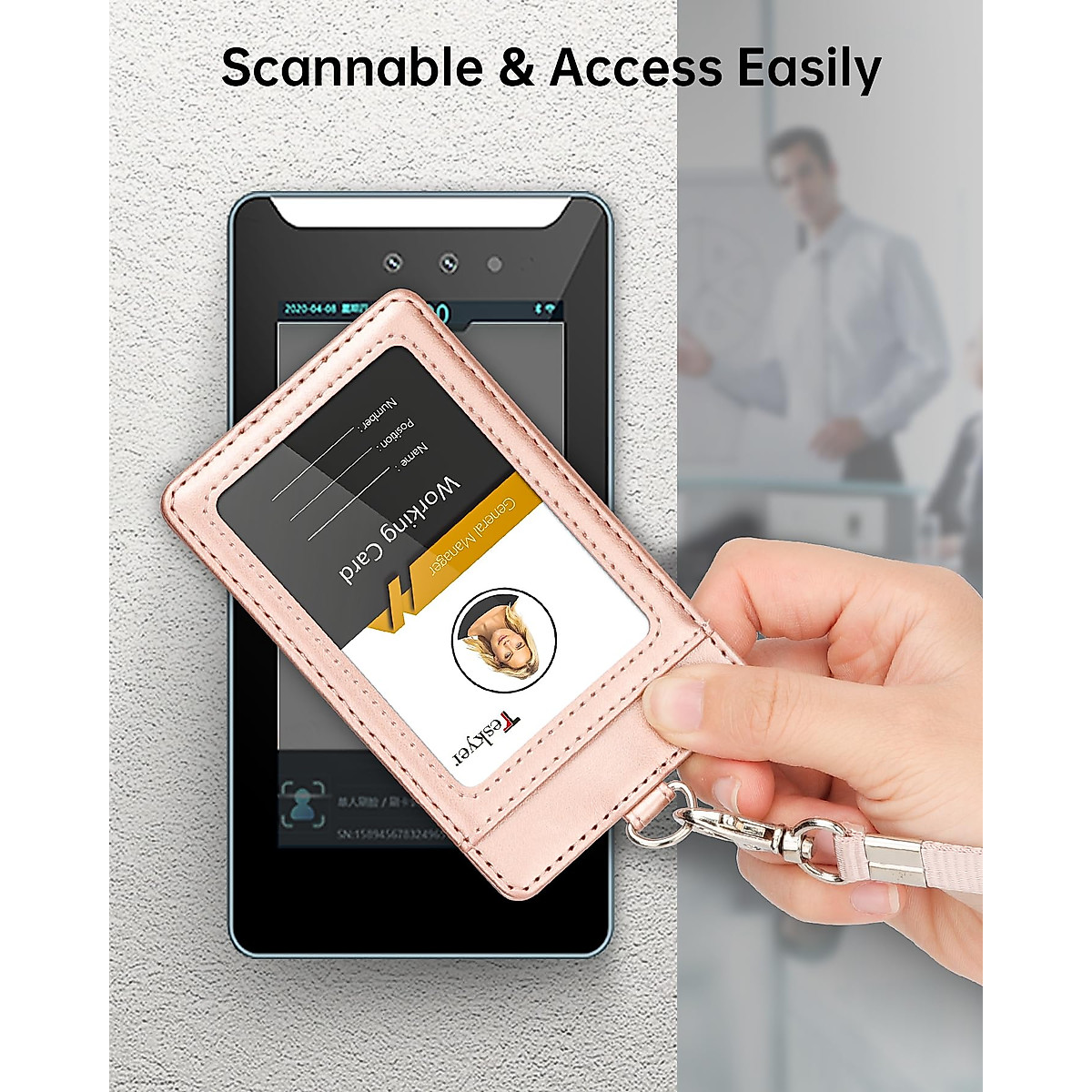 Teskyer Leather ID Badge Holder, Vertical PU Leather ID Badge Holder with 1 Clear ID Window & 1 Credit Card Slot and a Detachable Neck Lanyard (Rose Gold)