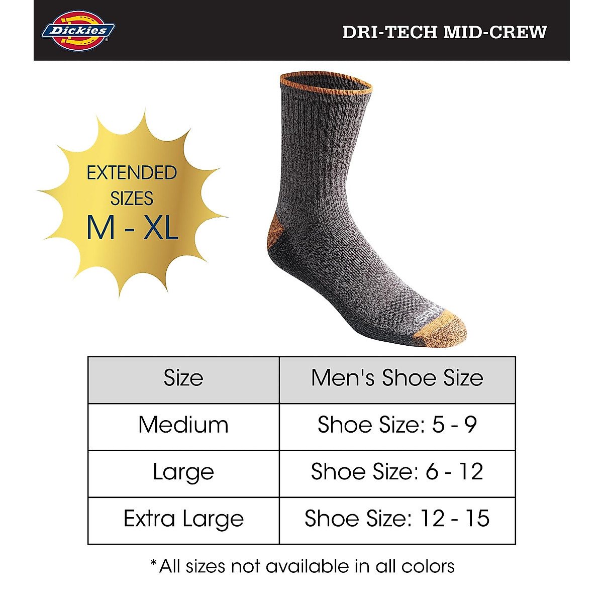 Dickies Men's Dri-tech Moisture Control 6-Pack Comfort Length Crew Socks