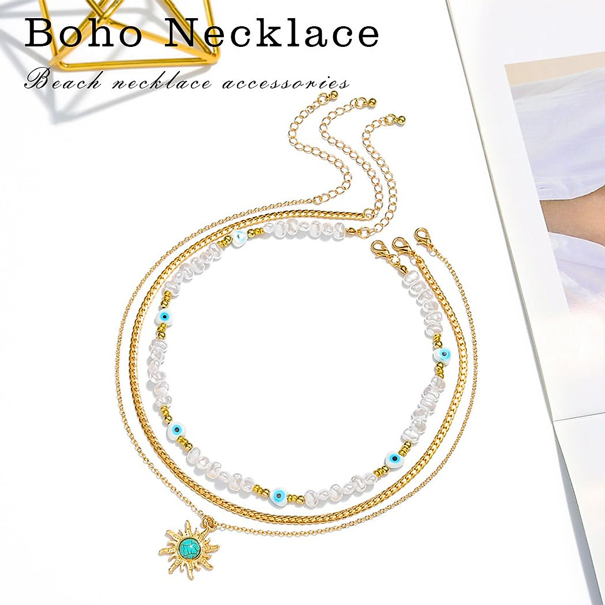 Sixexey Layered Sun Necklace Gold Necklace Chain Beaded Summer Beach Necklace Accessories for Women(B)