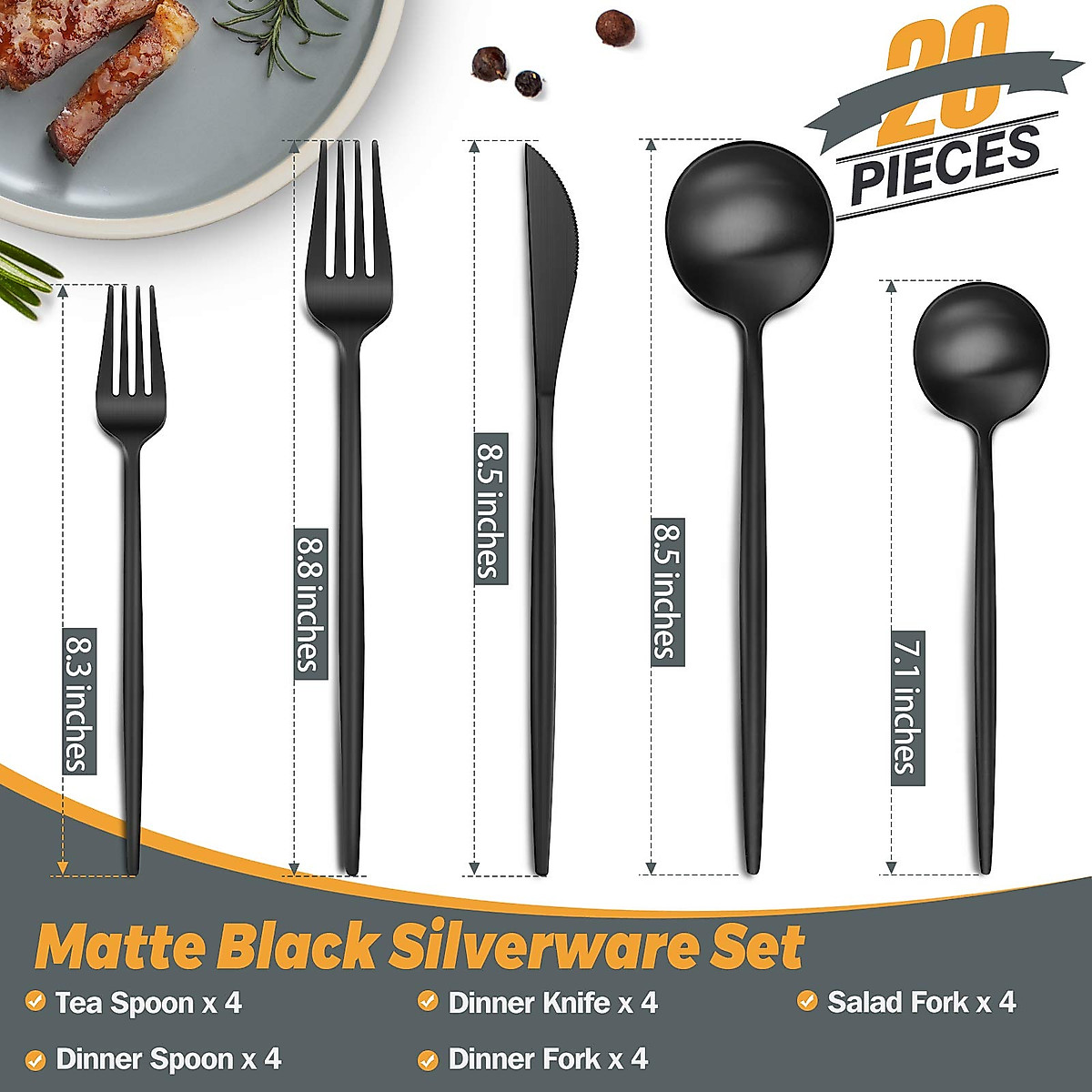 Luxury Matte Black Silverware Set, 20-Piece 18/8 Stainless Steel Flatware Sets for 4, Silverware Flatware Set for Home, Kitchen and Restaurant