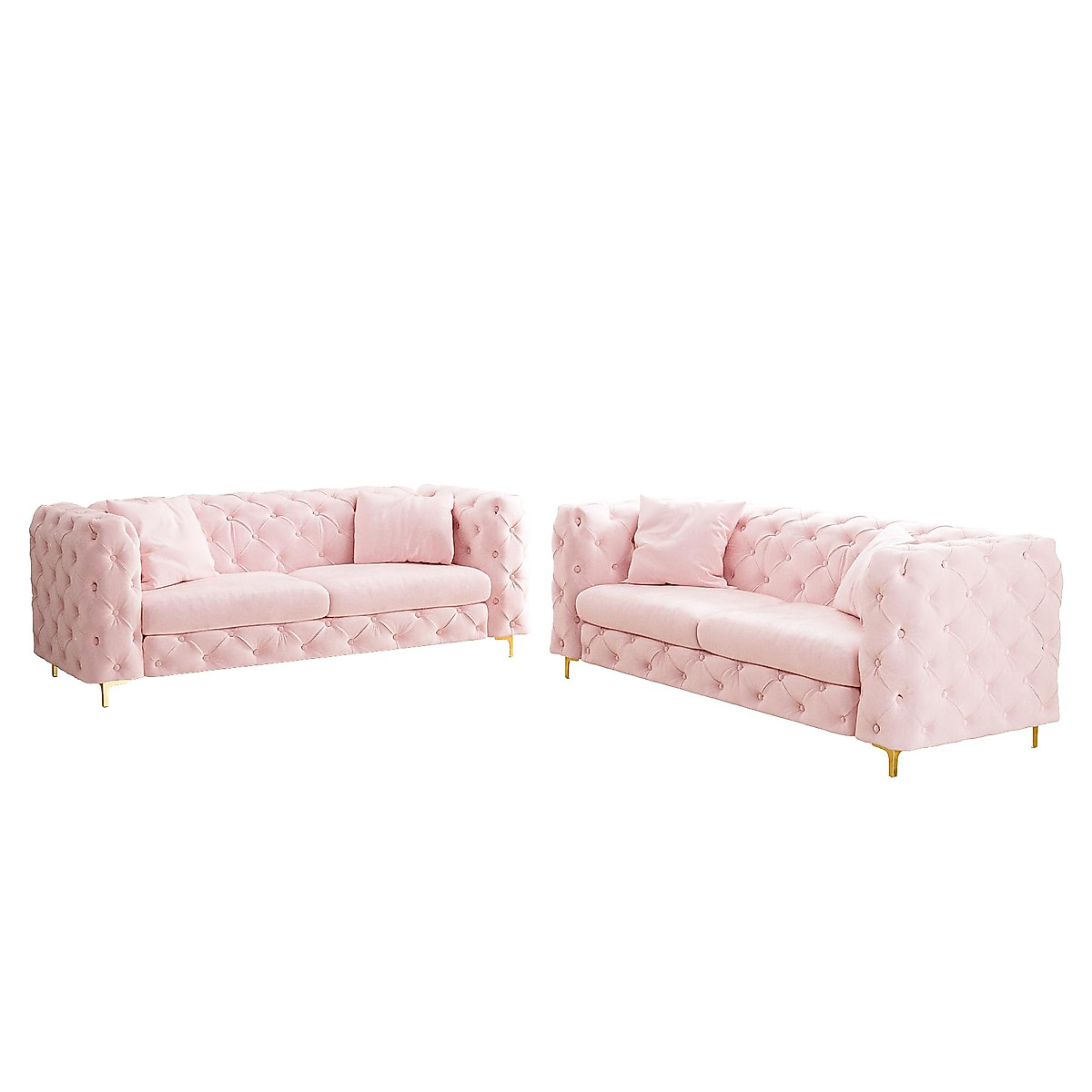 DAMAIFROM 75 Inch Sofa Couch Set of 2, Modern Upholstered Couch Tufted Velvet Sofa High Arm and Metal Gold Legs Decor with 2 Piilows Big Comfy Couch for Living Room, Pink