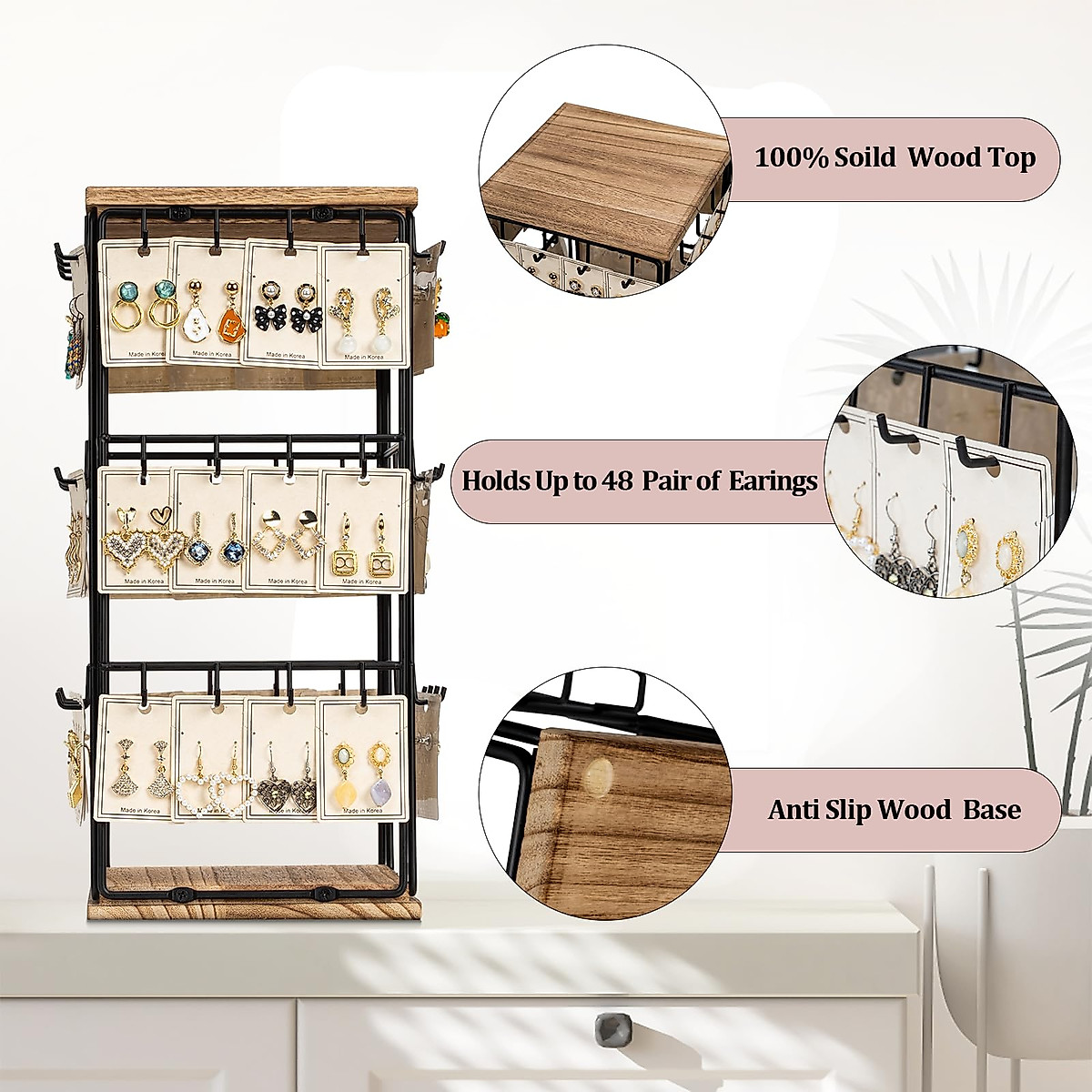 Yoimori Earring Holder Organizer,Earring Storage Organizer with Wood Base,48 Hooks Earring Rack for Women and Girls,Jewelry Organizer Stand for Displaying Ring,Earrings,Ear Stud,Bracelets